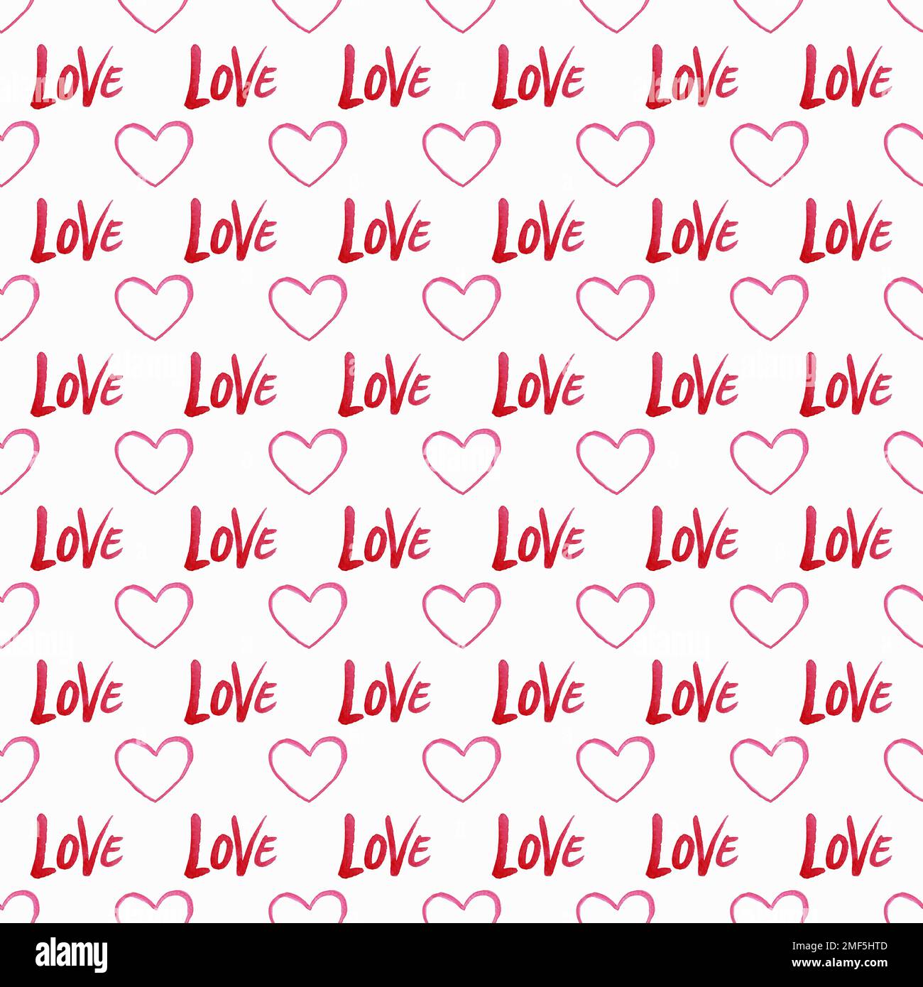 seamless hand-painted watercolor red love word and hearts pattern on ...