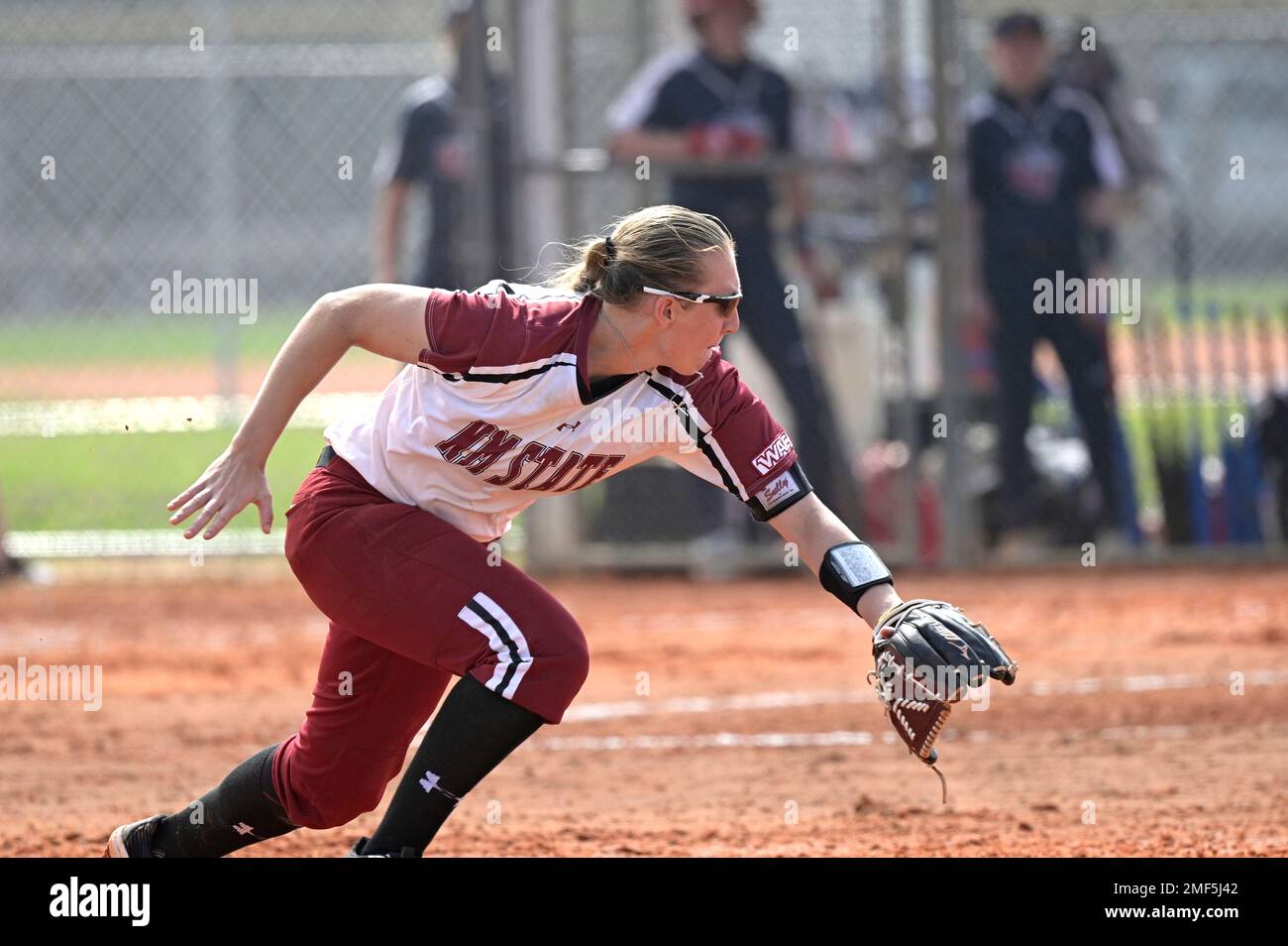 New Mexico State shortstop Audrey Shebloski dives for a ground ball ...