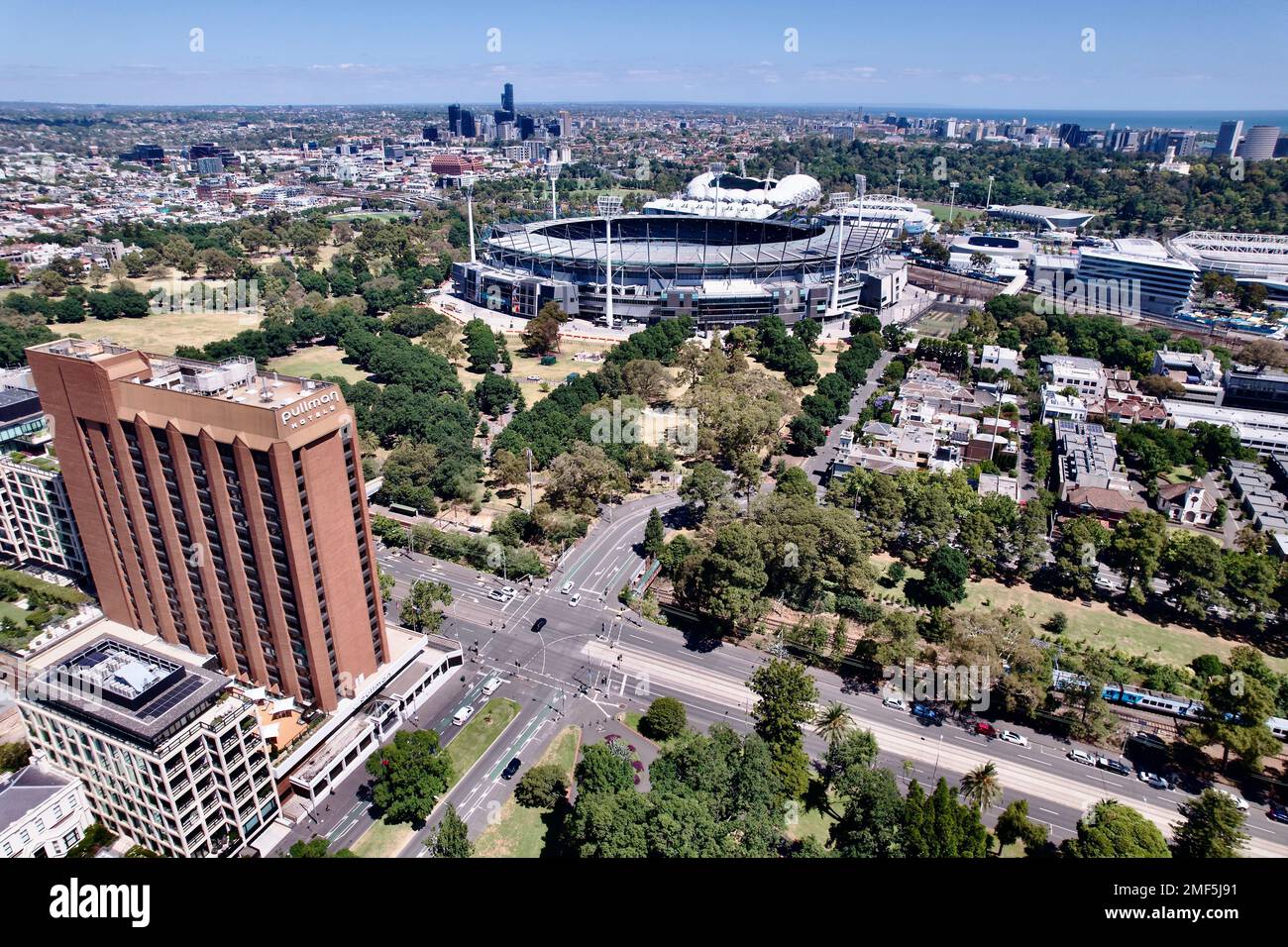 An aerial view of the Pullman hotel and Melbourne Cricket ground MCG ...