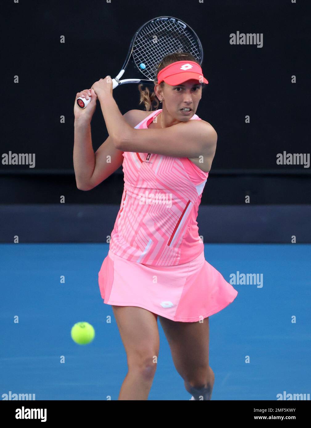 Belgium's Elise Mertens hits a backhand to Czech Republic's Karolina ...