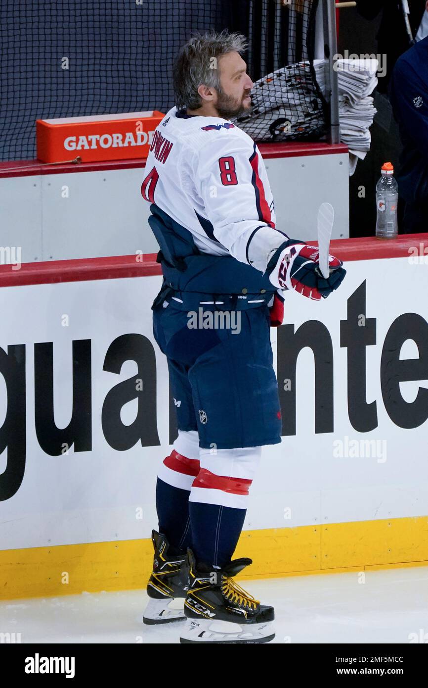 Washington Capitals' Alex Ovechkin (8) warms up before an NHL hockey ...