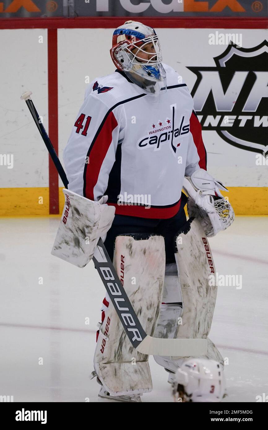 Washington Capitals goaltender Vitek Vanecek warms up before an NHL ...
