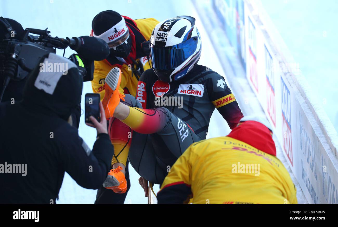 Bobsleigh pilot Germany's Mariama Jamanka jumps out of her sled at the ...