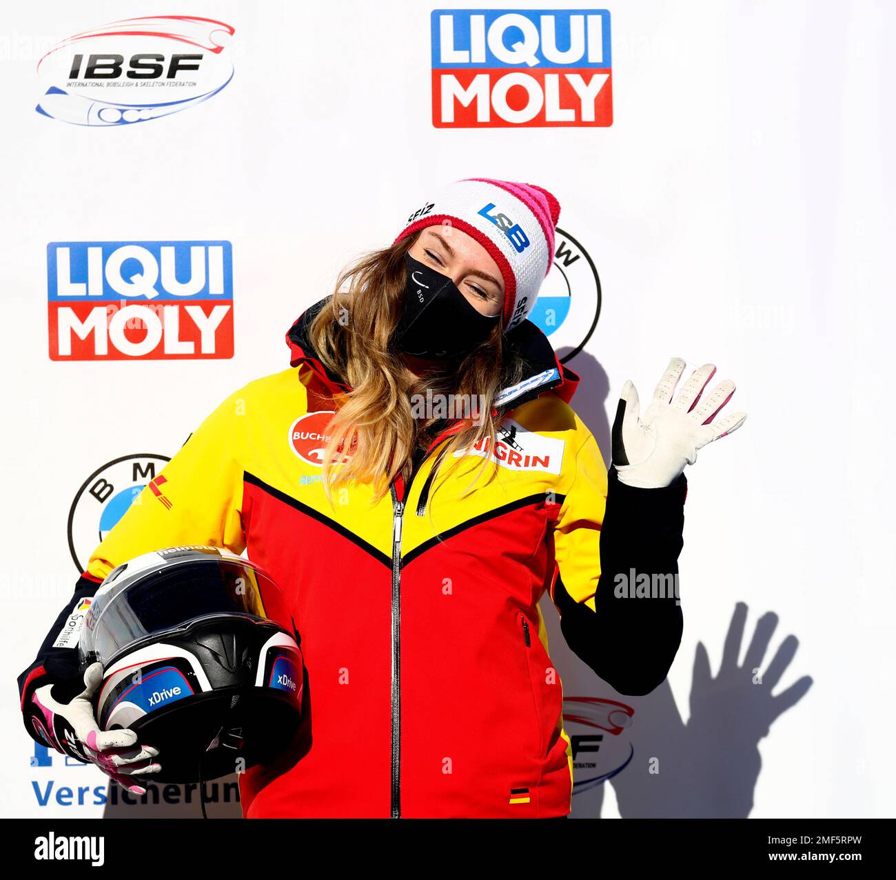 Bobsleigh pilot Germany's Laura Nolte celebrates on the podium after ...