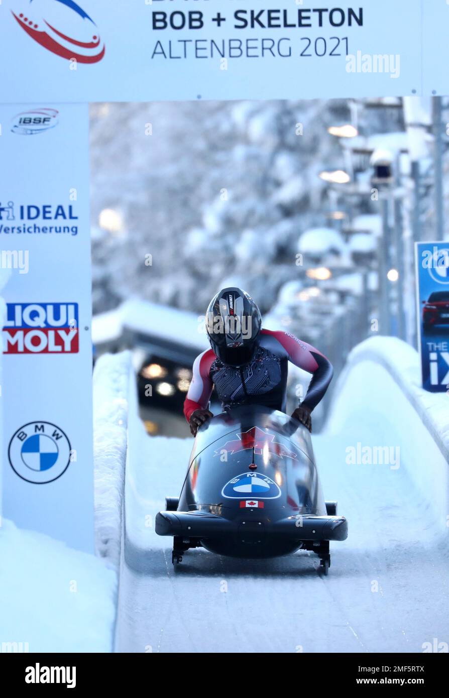 Bobsleigh pilot Canada's Cynthia Appiah reacts at the finish line ...
