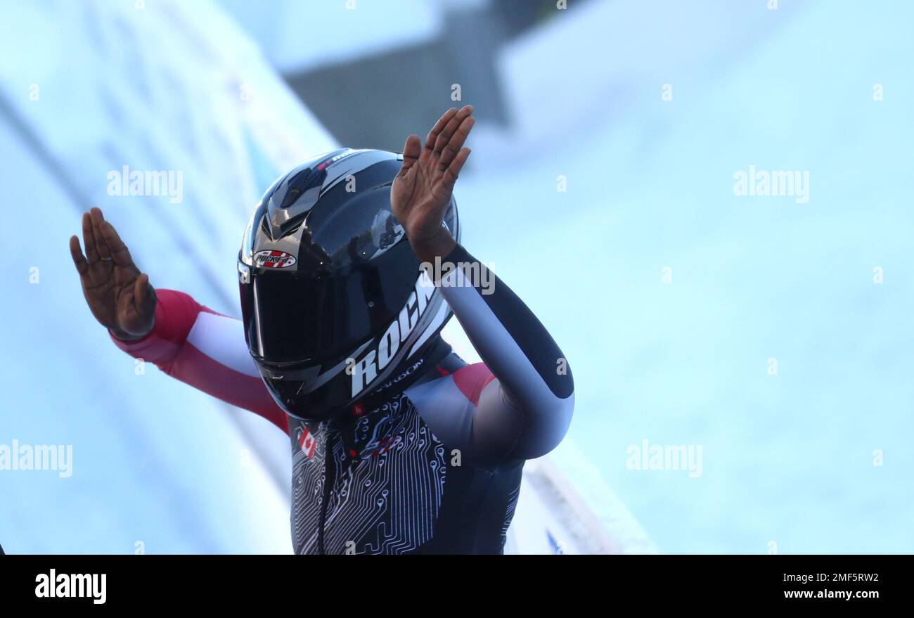 Bobsleigh pilot Canada's Cynthia Appiah reacts at the finish line ...