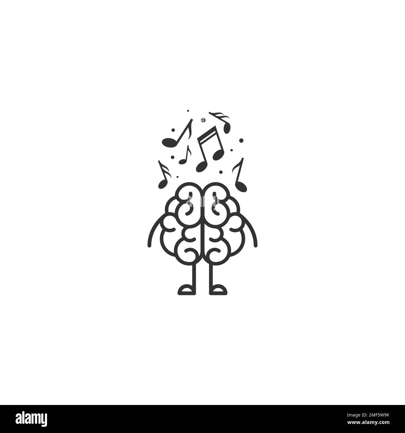 Gray line brain with music notes icon. Intellect, phsychology ...