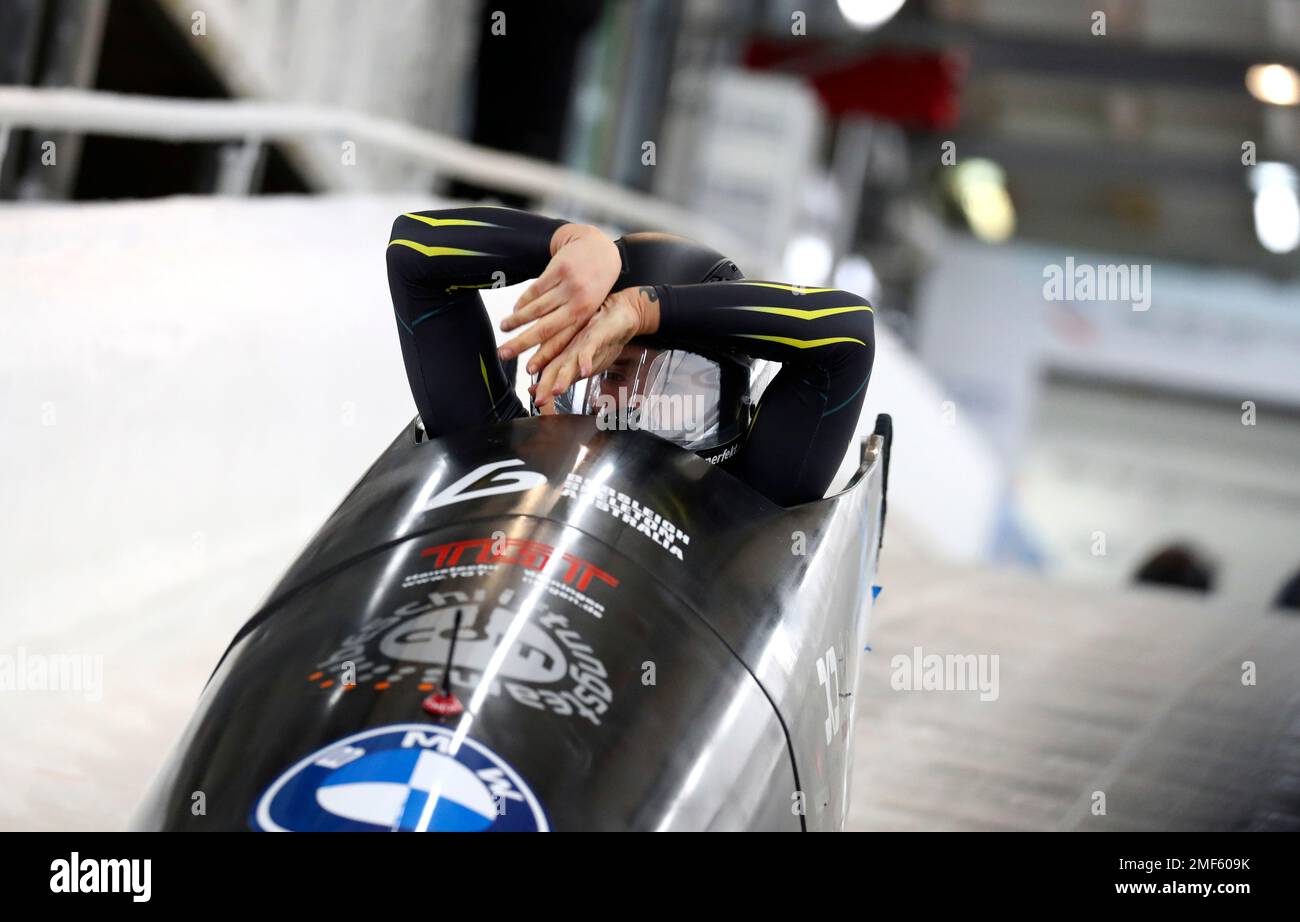 Australia's bobsleigh pilot Breeana Walker at the start of the women's ...