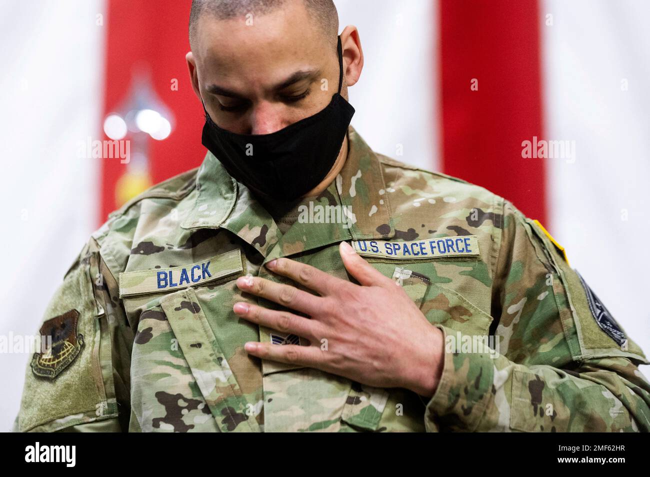 Tech. Sgt. Trevor Black dons a U.S. Space Force uniform during a ...