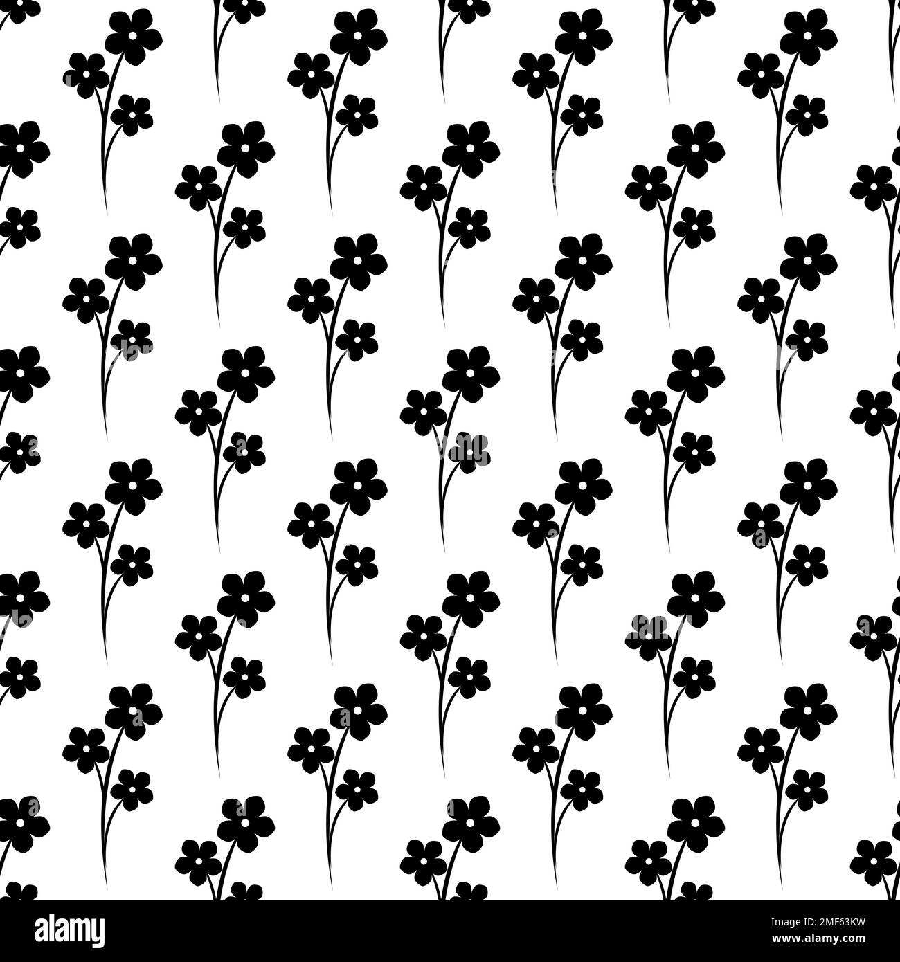 Seamless pattern with black flower sprigs. flat blossoms on white ...