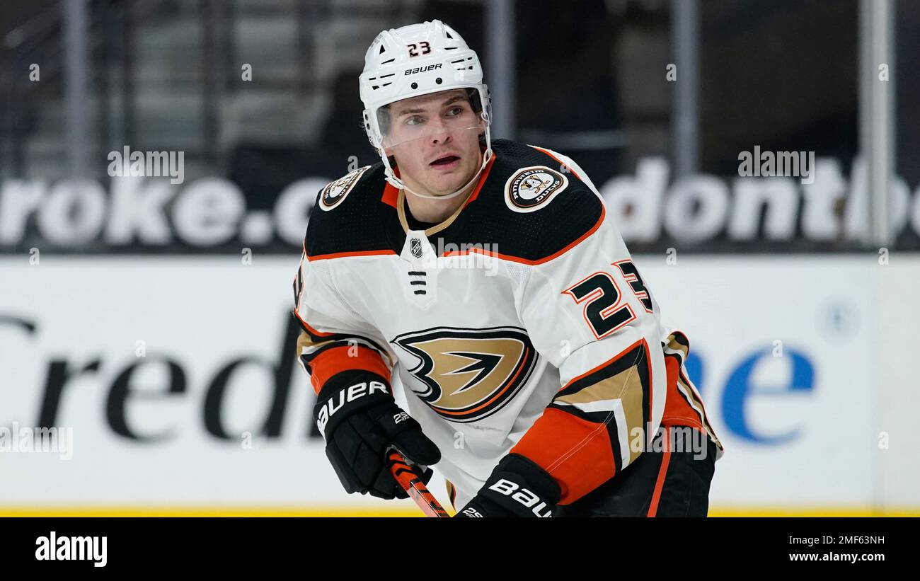 Anaheim Ducks center Sam Steel (23) plays against the Vegas Golden ...
