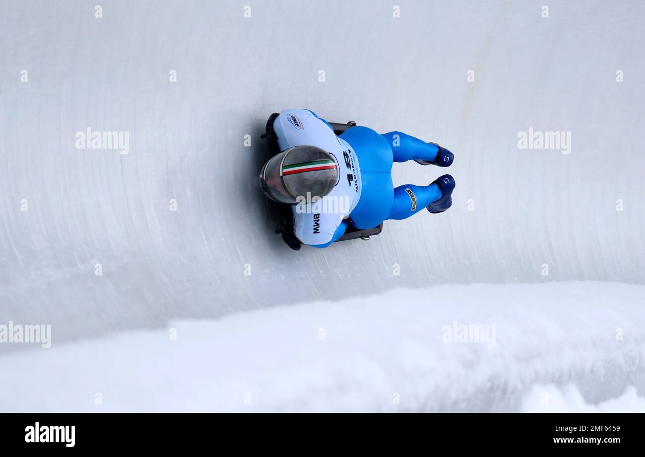 Italy's Mattia Gaspari speeds down the track during the men's skeleton ...