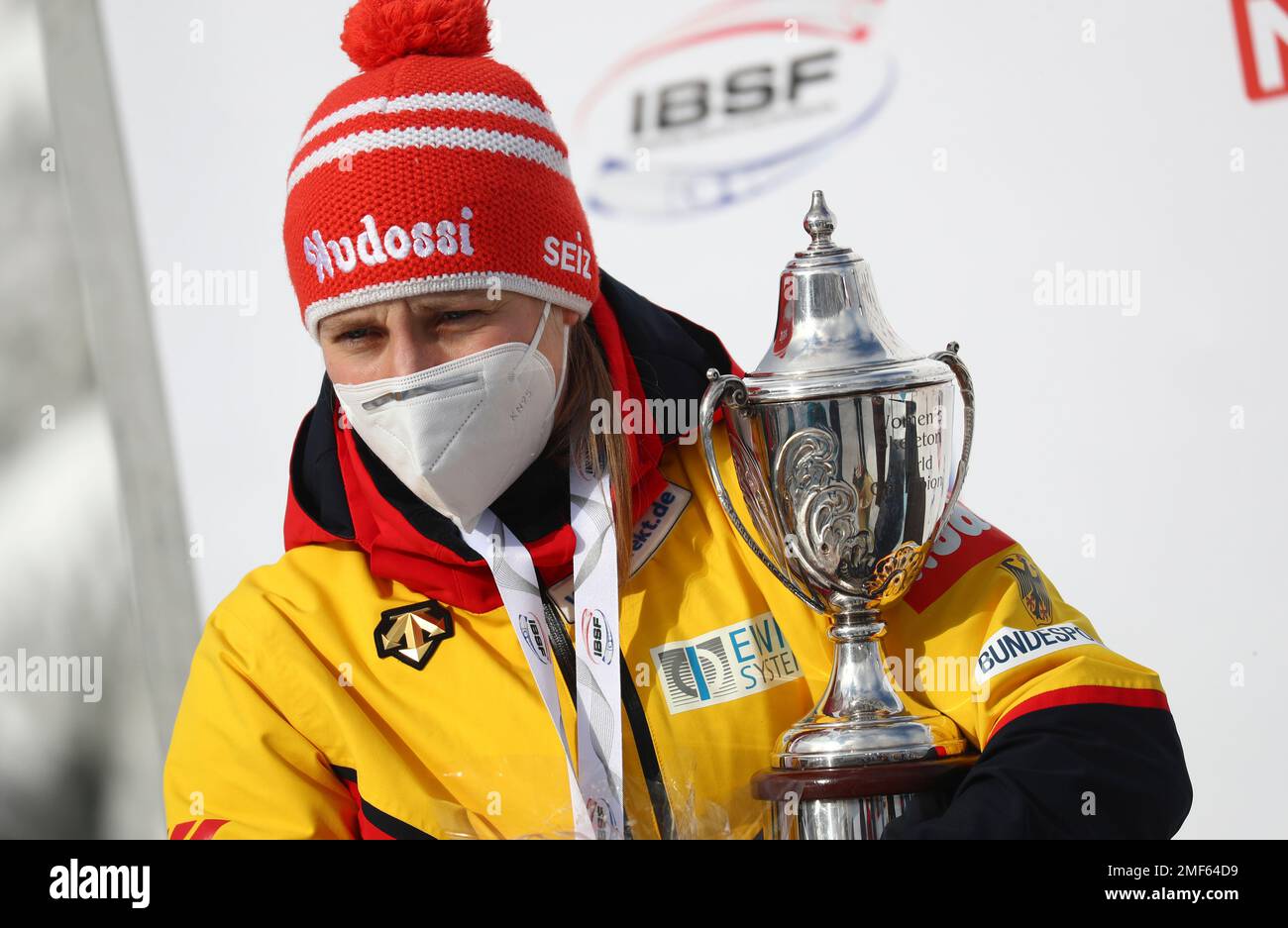 Winner, Germany's Tina Hermann holds the trophy on the podium during ...