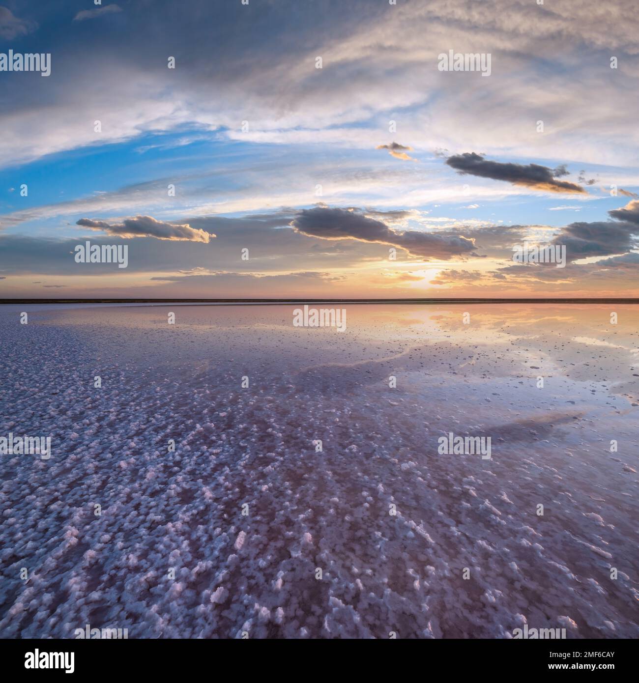 Sunset on the Genichesk pink extremely salty lake (colored by ...