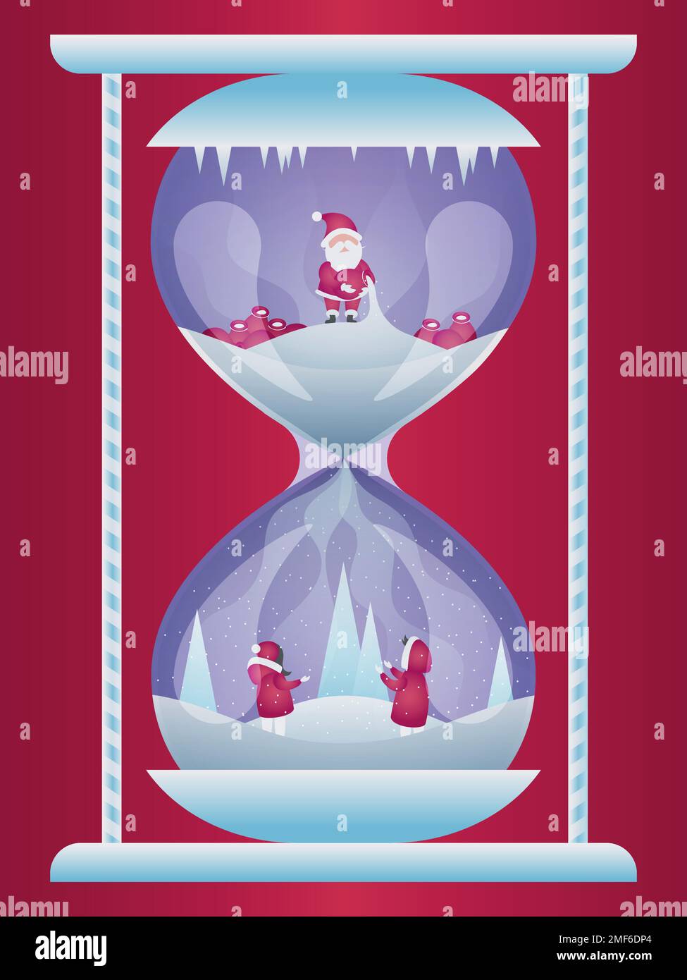 Winter hourglass with Santa Claus and kids inside. Falling snow Stock ...