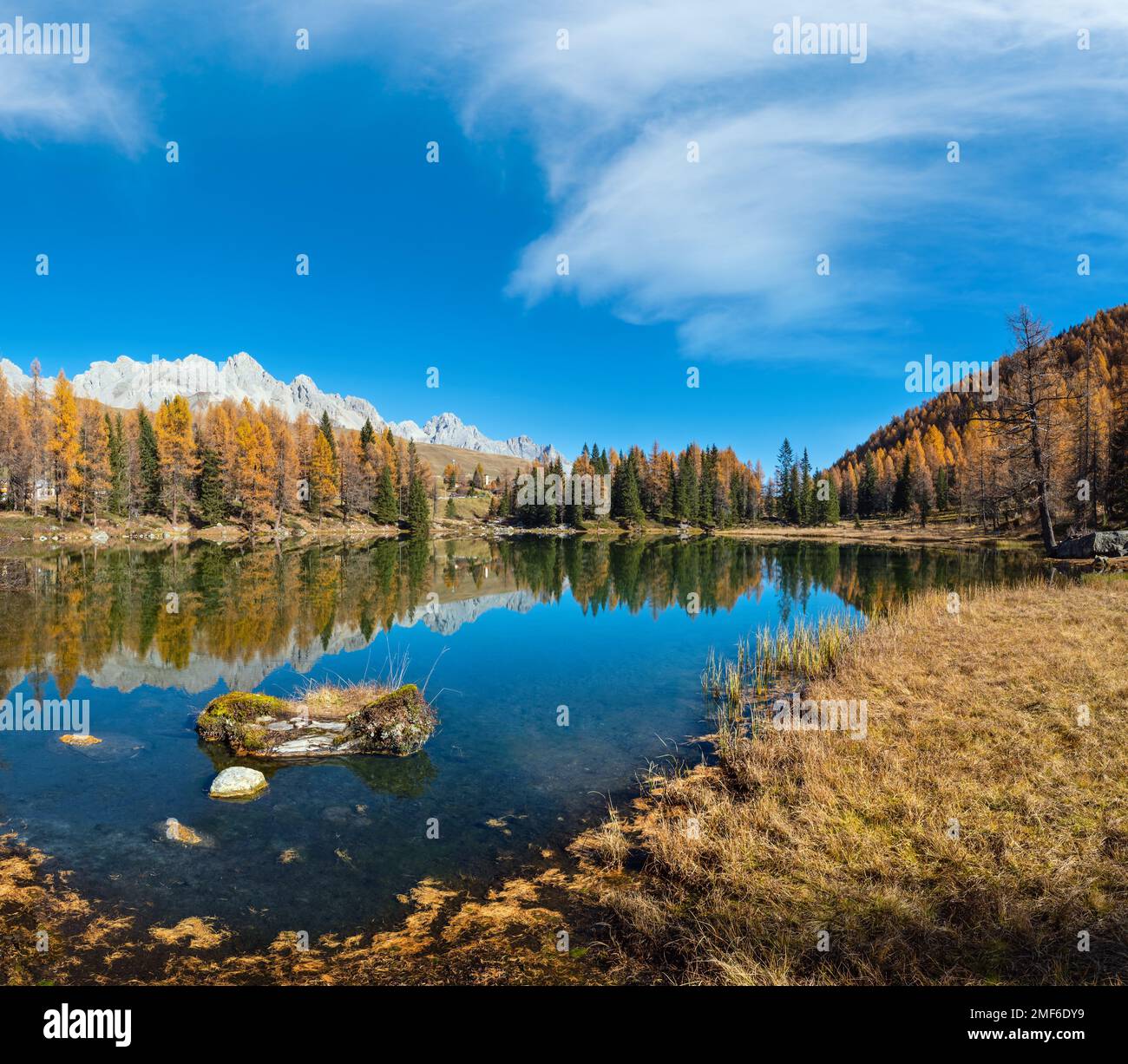 Autumn alpine mountain lake near San Pellegrino Pass, Trentino ...