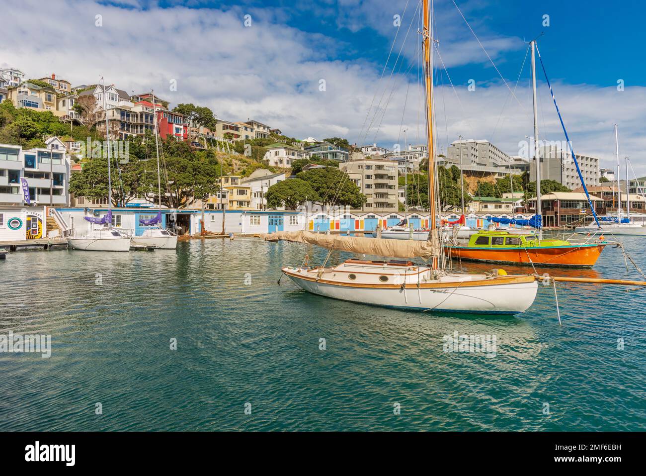 A view of Port Nicholson yacht club with Mt Victoria hills and suburb ...