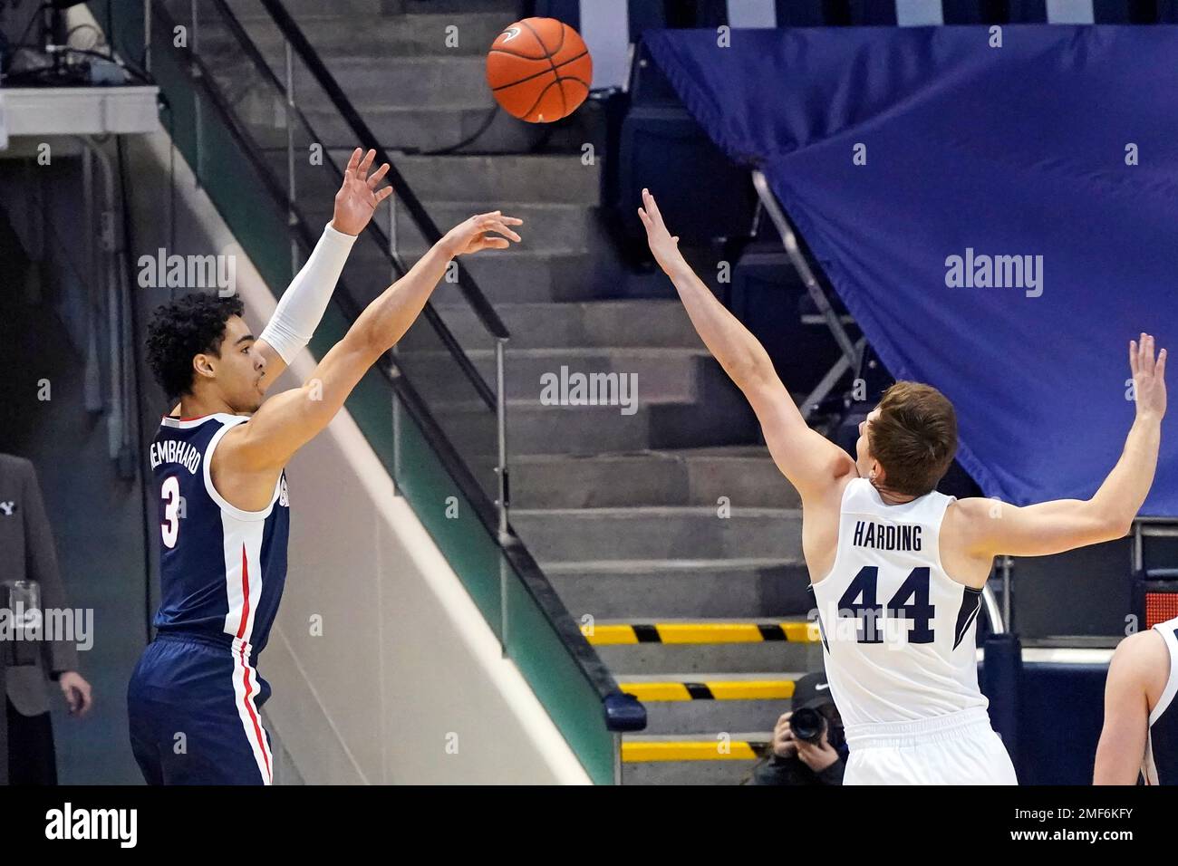 Gonzaga guard Andrew Nembhard (3) shoots as BYU guard Connor Harding ...