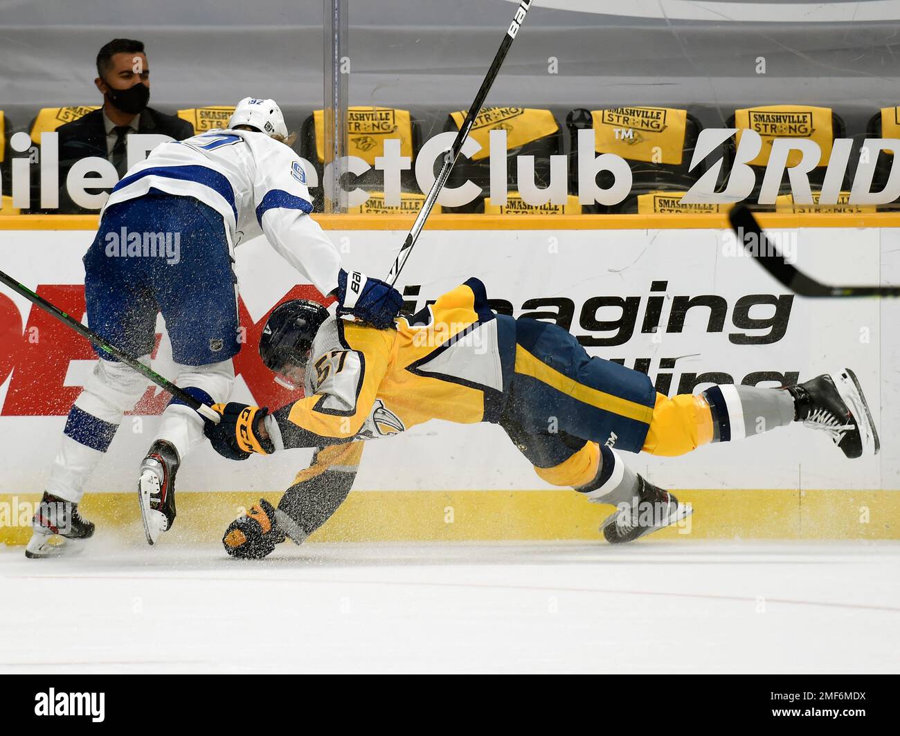 Tampa Bay Lightning right wing Alexander Volkov (92) collides with ...