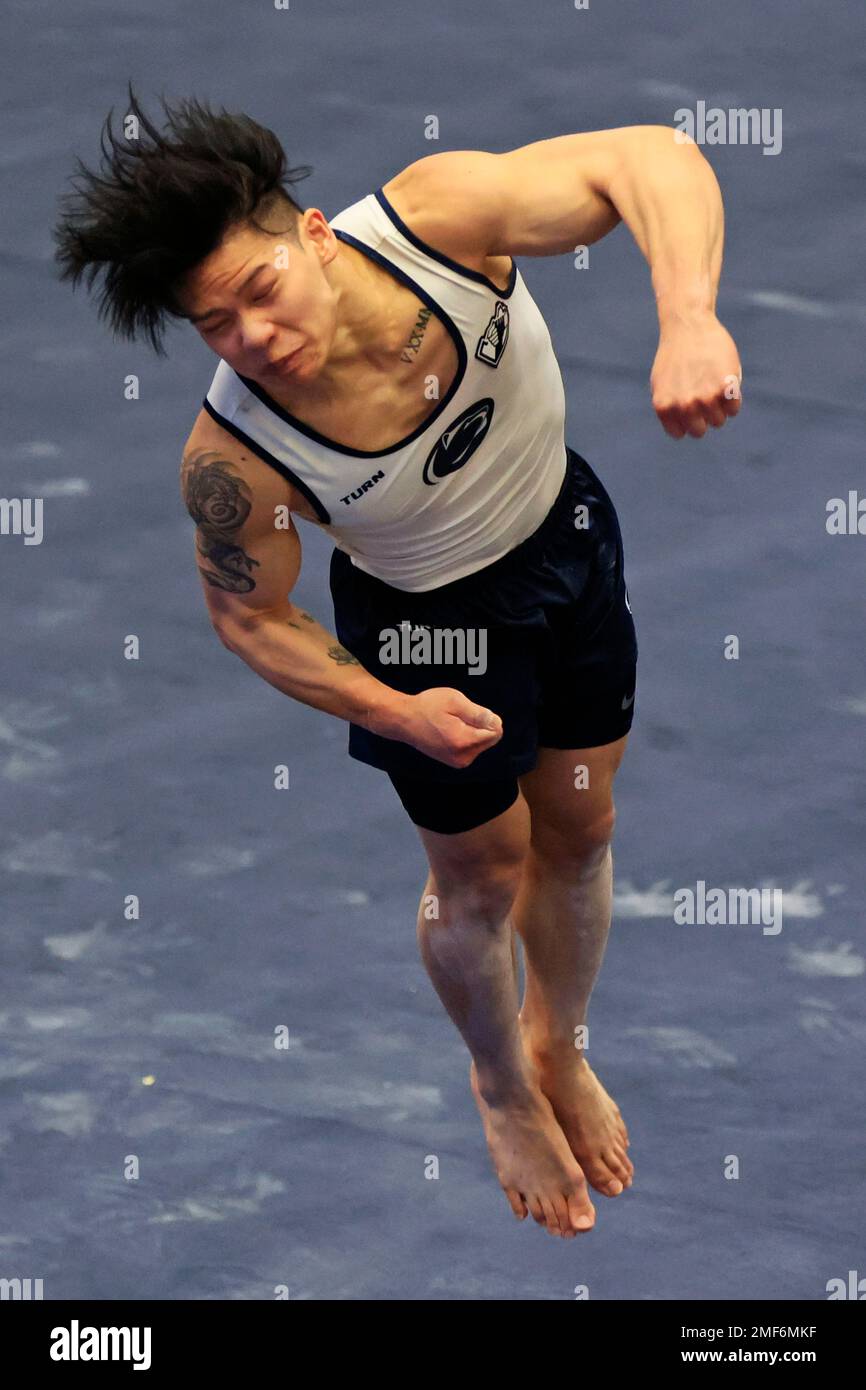 Penn State's Eric Lung competes on the floor exercise during an NCAA ...