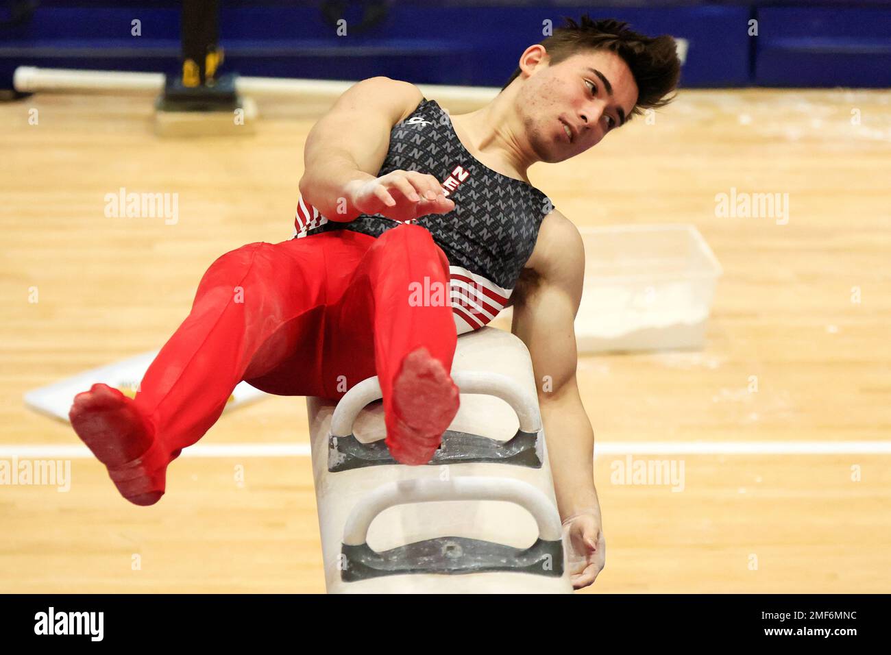 Nebraska's Yanni Chronopoulos can't keep his balance on the pommel ...