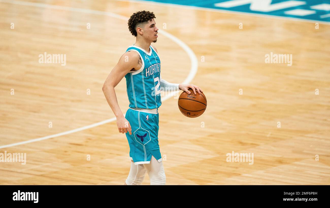 Charlotte Hornets guard LaMelo Ball (2) brings the ball up court ...