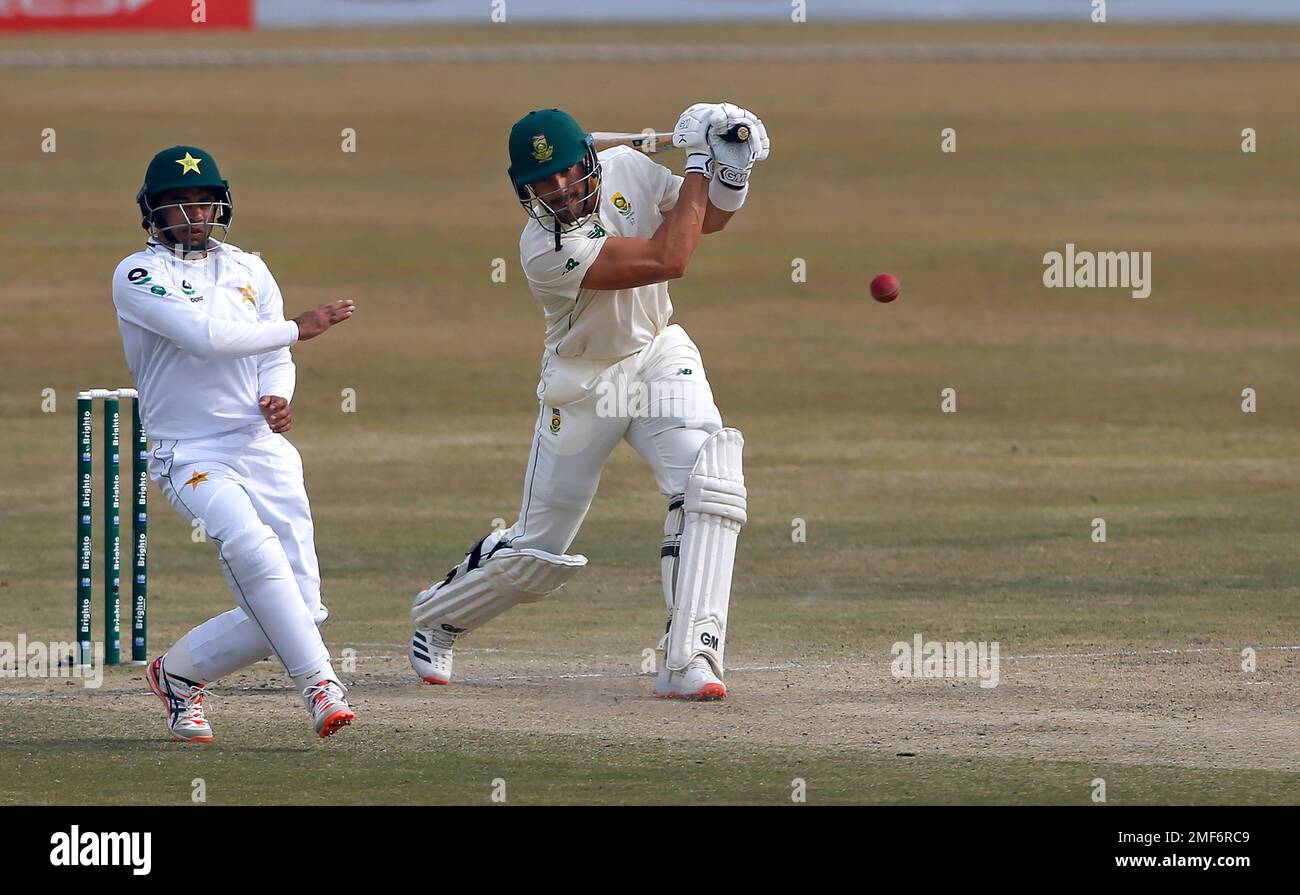 South Africa's Aiden Markram, right, bats while Pakistan's Abid Ali ...