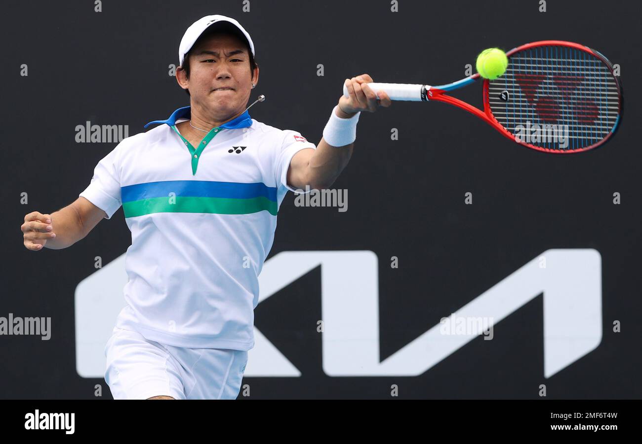 Japan's Yoshihito Nishioka makes a forehand return to Spain's Pedro Martinez during their first ...