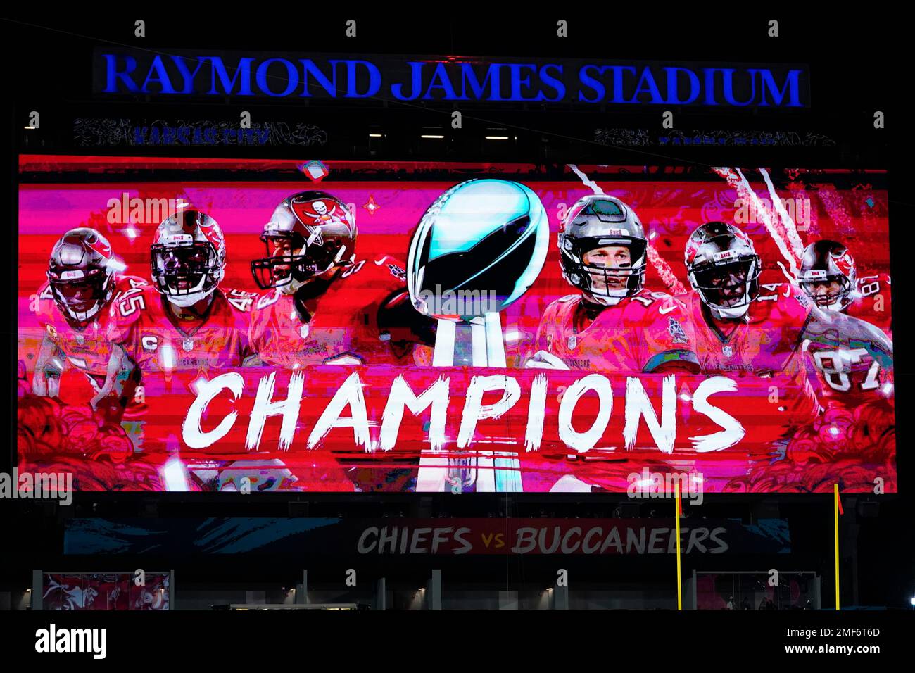 Signage is lit up after of the NFL Super Bowl 55 football game against ...