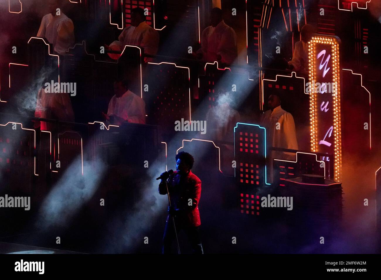 The Weeknd performs during the halftime show at the NFL Super Bowl 55 ...
