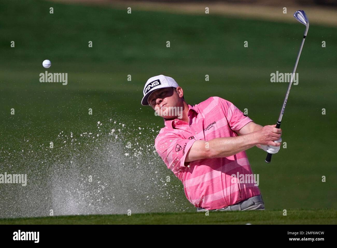 Nate Lashley hits out of the bunker on the 17th hole during the final ...