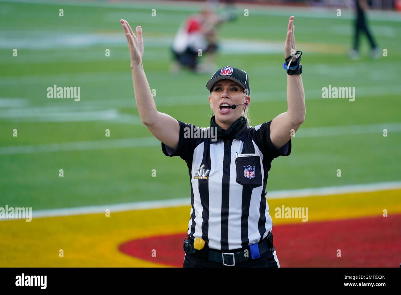 Down judge Sarah Thomas (53) arrives before the NFL Super Bowl 55 ...