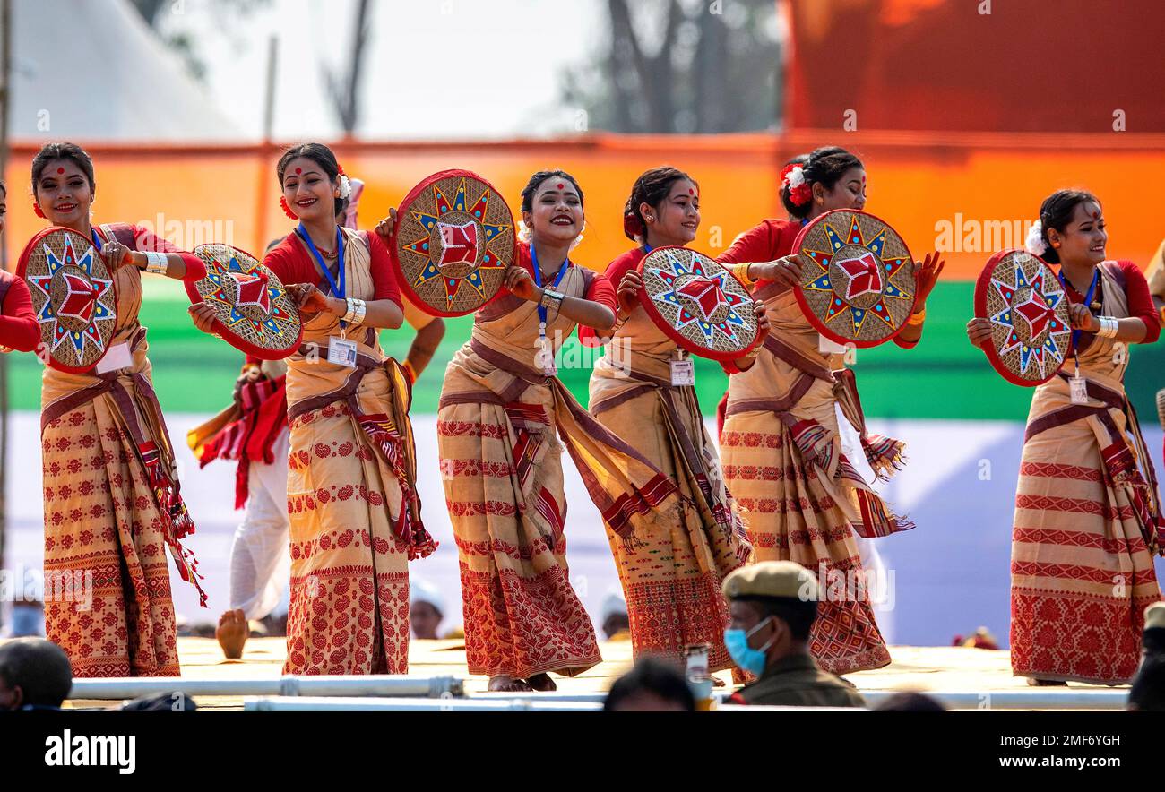 Assamese girls in traditional attire perform Bihu dance before Indian ...