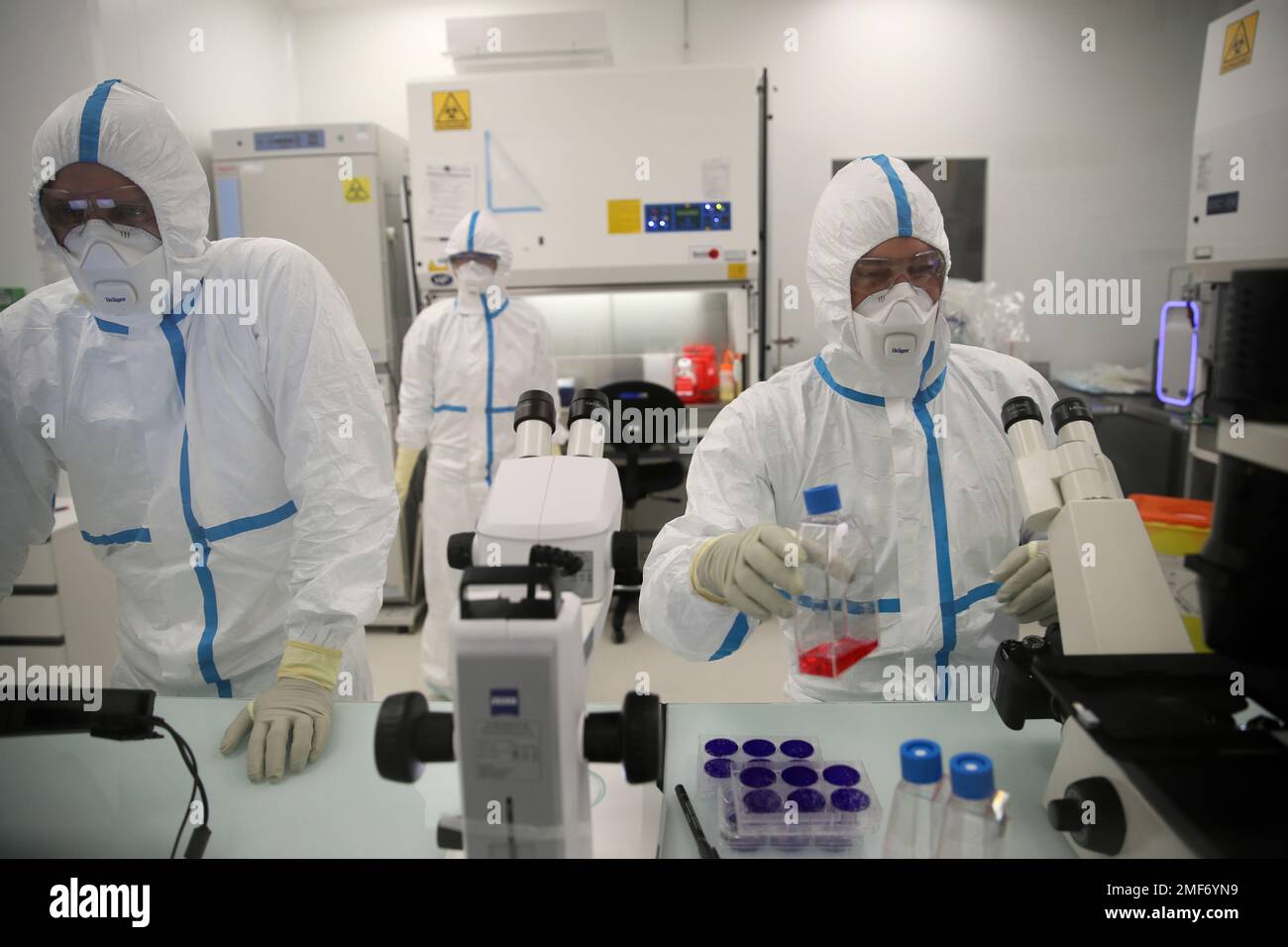 Laborary technicians work at the Valneva headquarters in Saint-Herblain ...