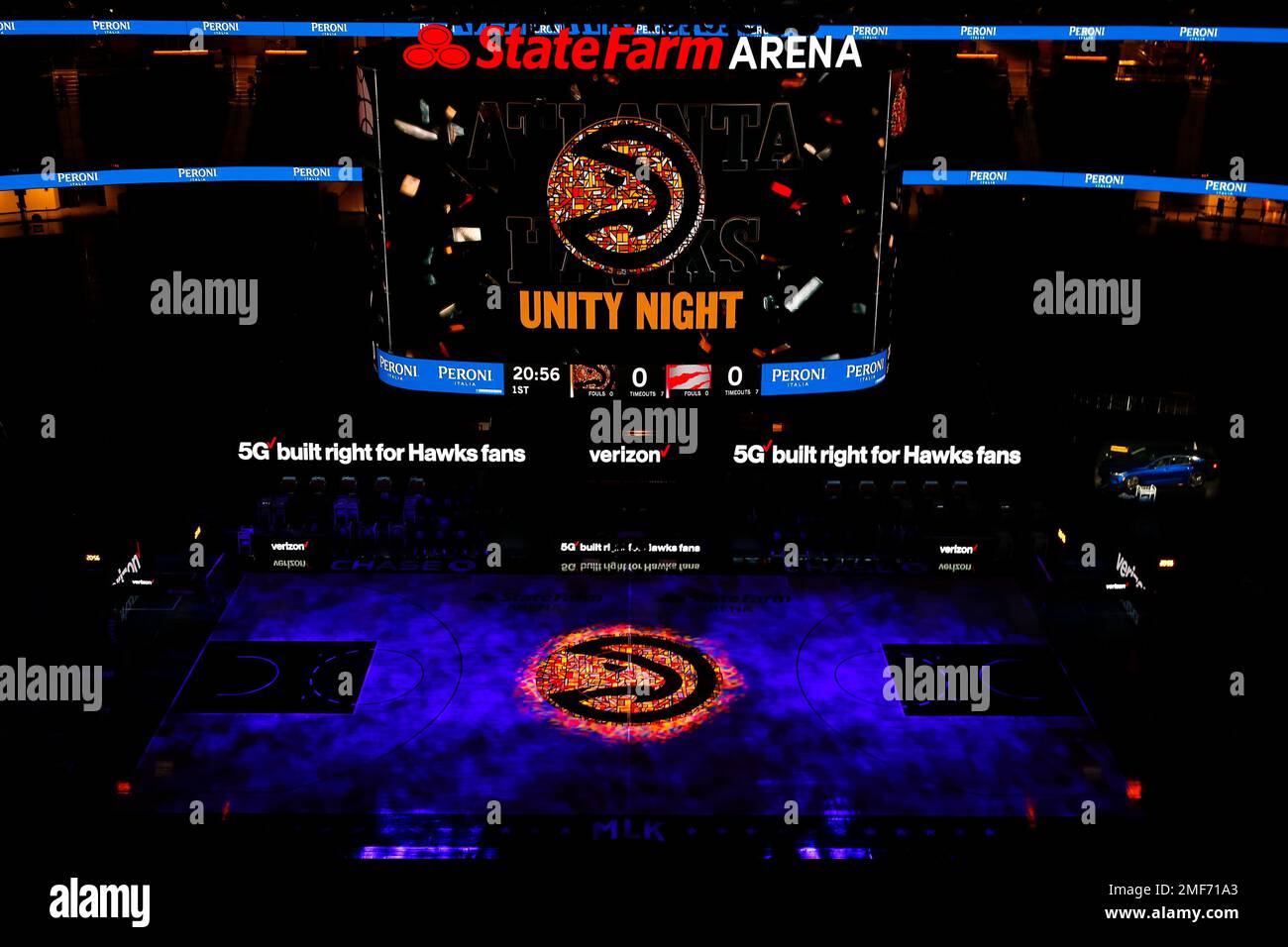 The scoreboard displays "Unity Night" before an NBA basketball game ...