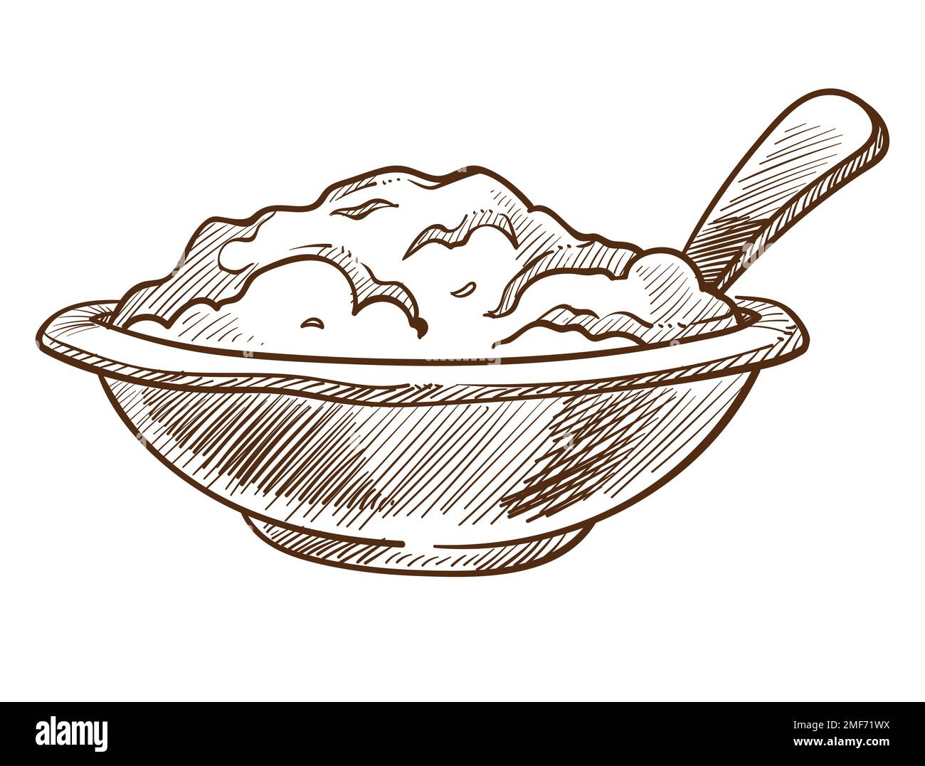 Porridge in bowl with spoon isolated sketch healthy nutrition Stock ...