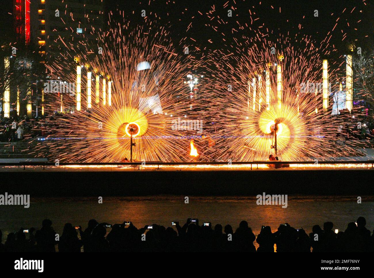 BAZHOU, CHINA - JANUARY 24, 2023 - Folk artists perform "beating iron ...