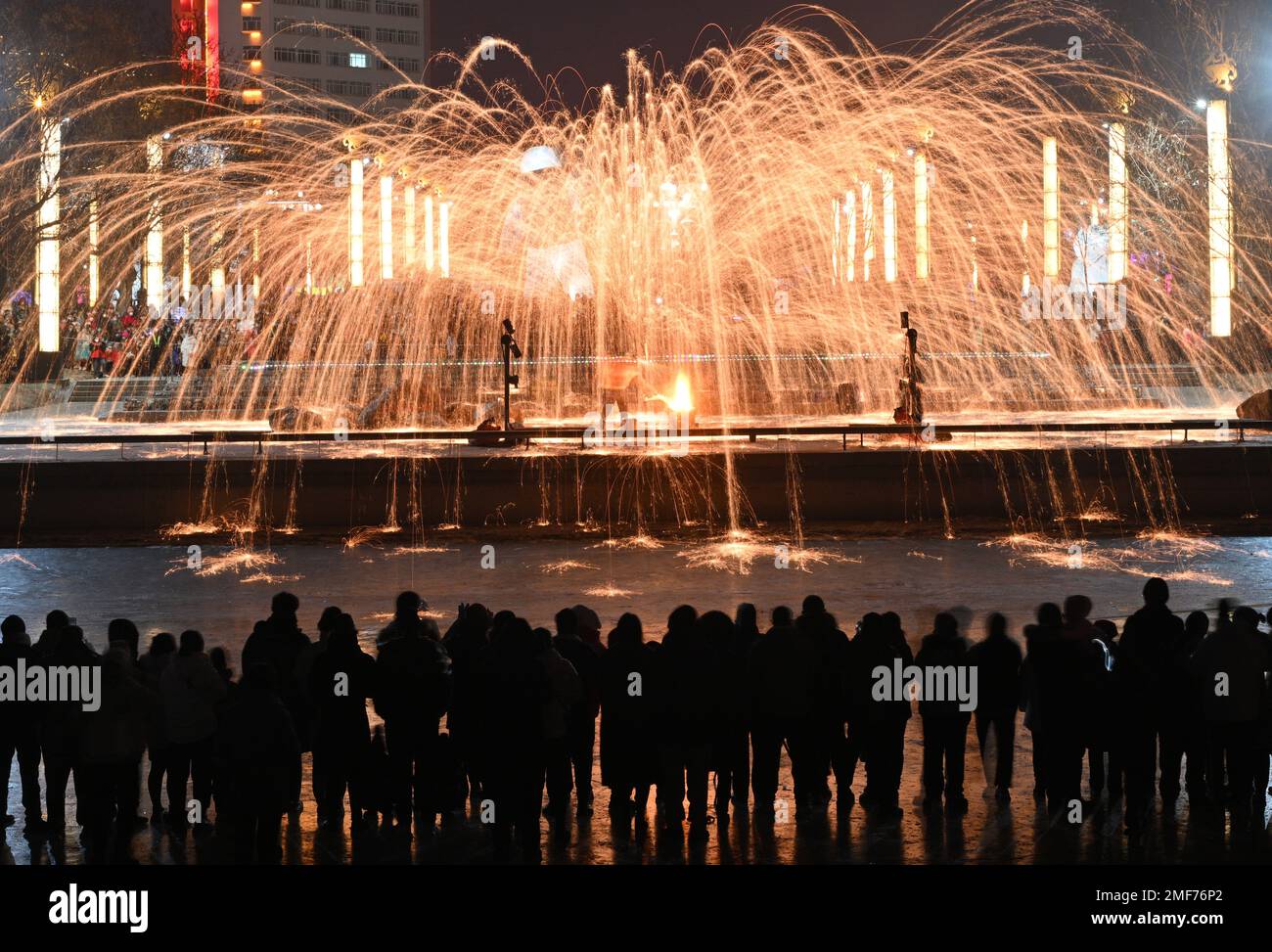 BAZHOU, CHINA - JANUARY 24, 2023 - Folk artists perform "beating iron ...