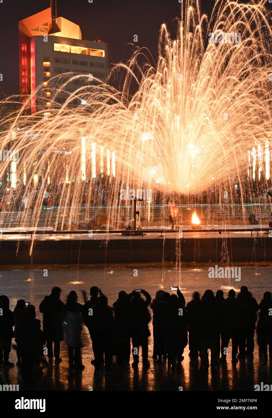 BAZHOU, CHINA - JANUARY 24, 2023 - Folk artists perform "beating iron ...