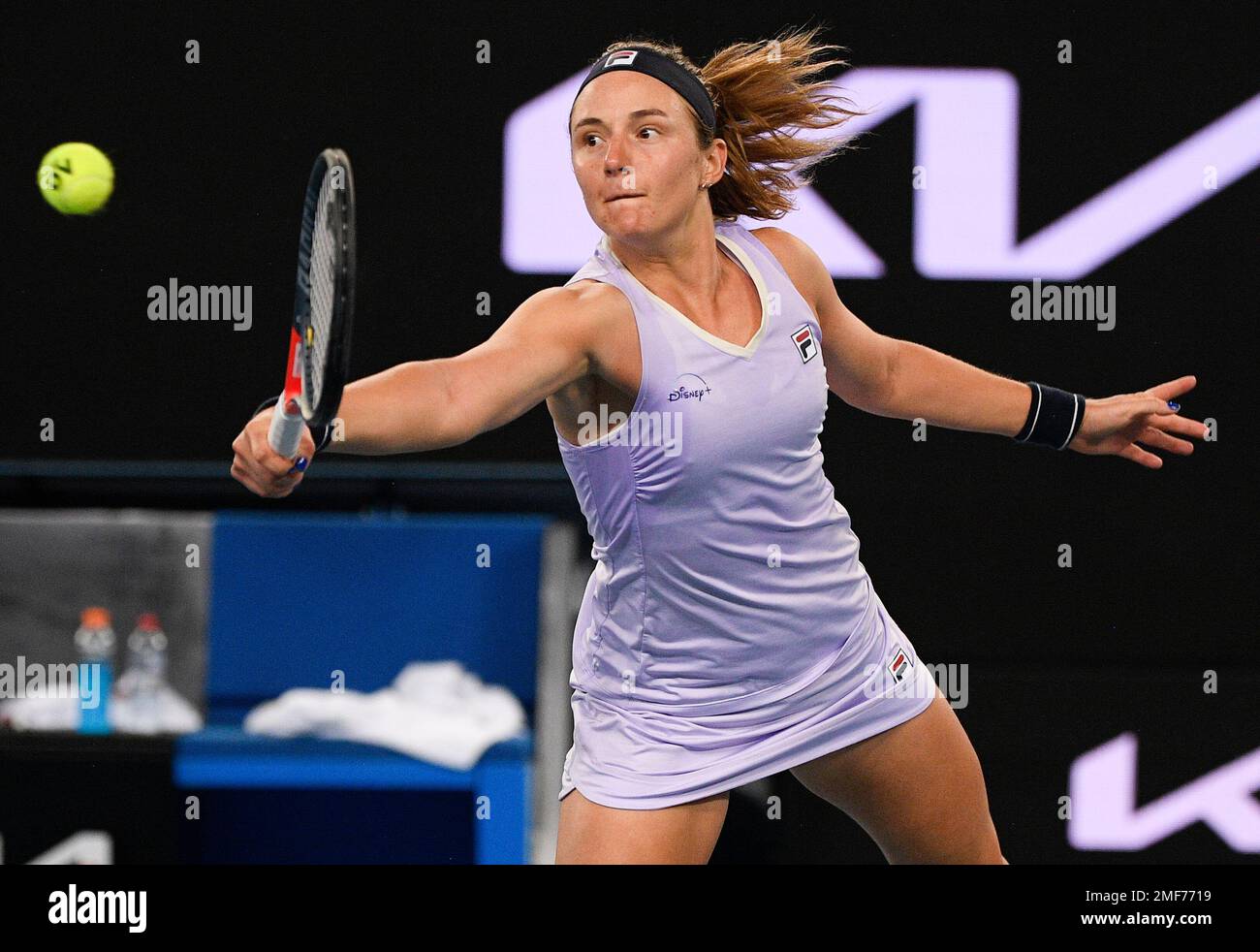 Argentina's Nadia Podoroska makes a backhand return to Marketa ...
