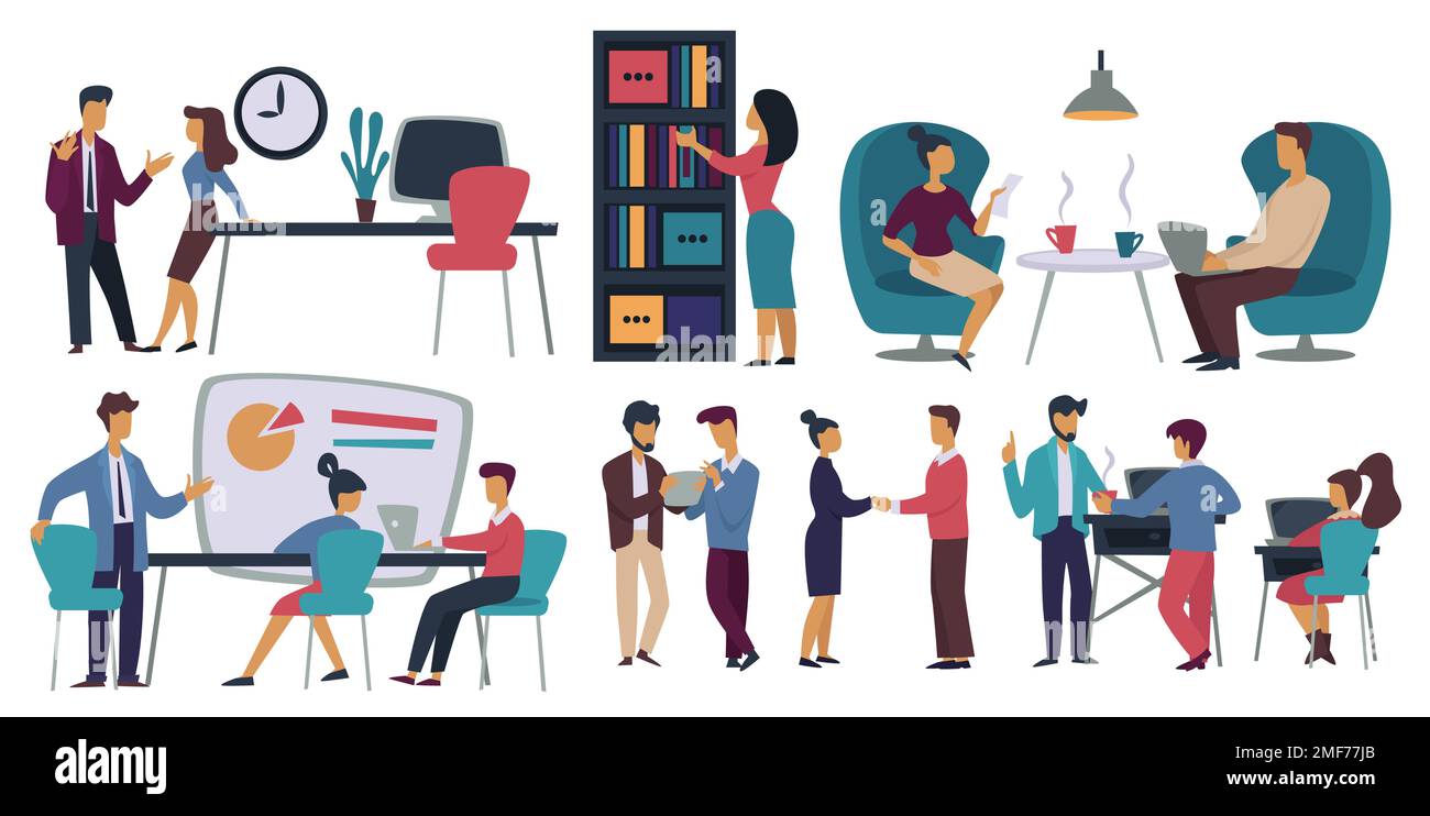 Office workers business meeting and coffee break isolated characters ...