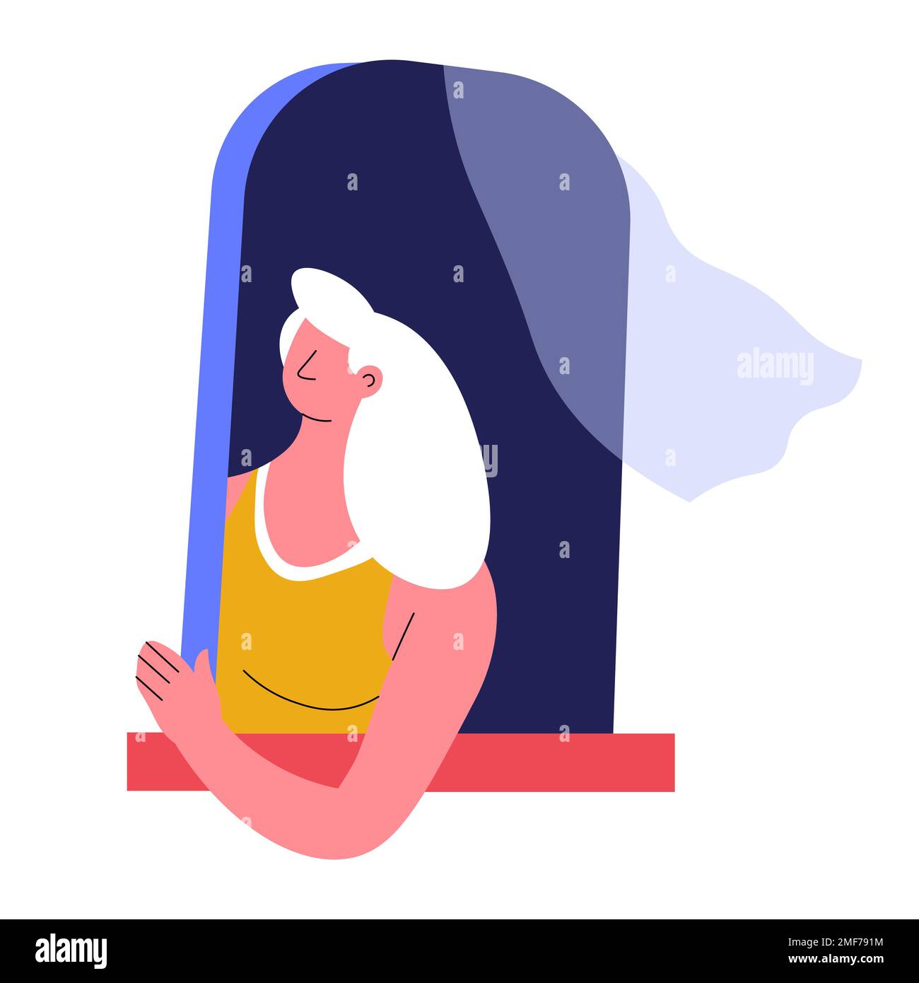 Woman looking out from window with curtain isolated icon apartment ...