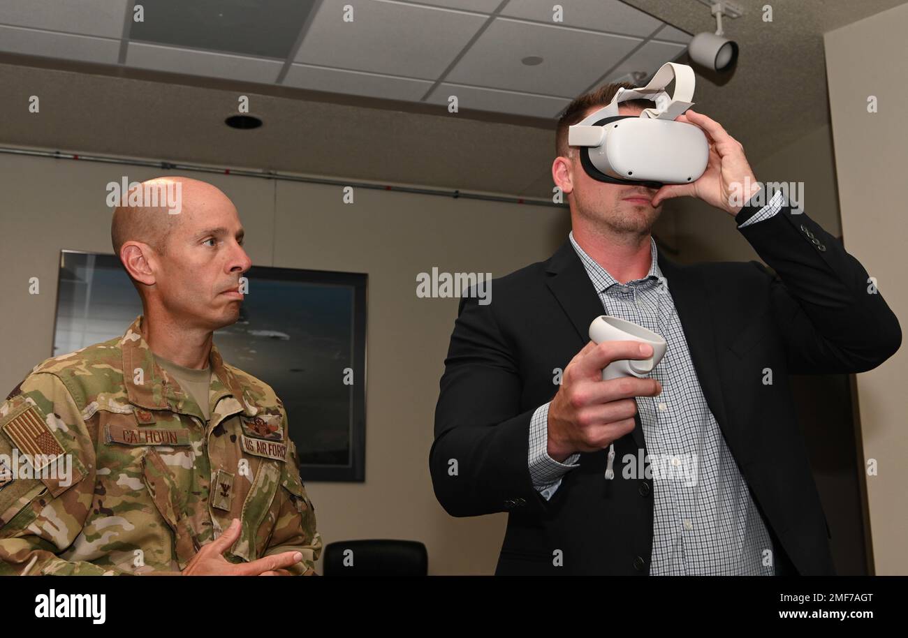 Col. Matthew Calhoun, 131st Bomb Wing commander, waits to use a virtual ...