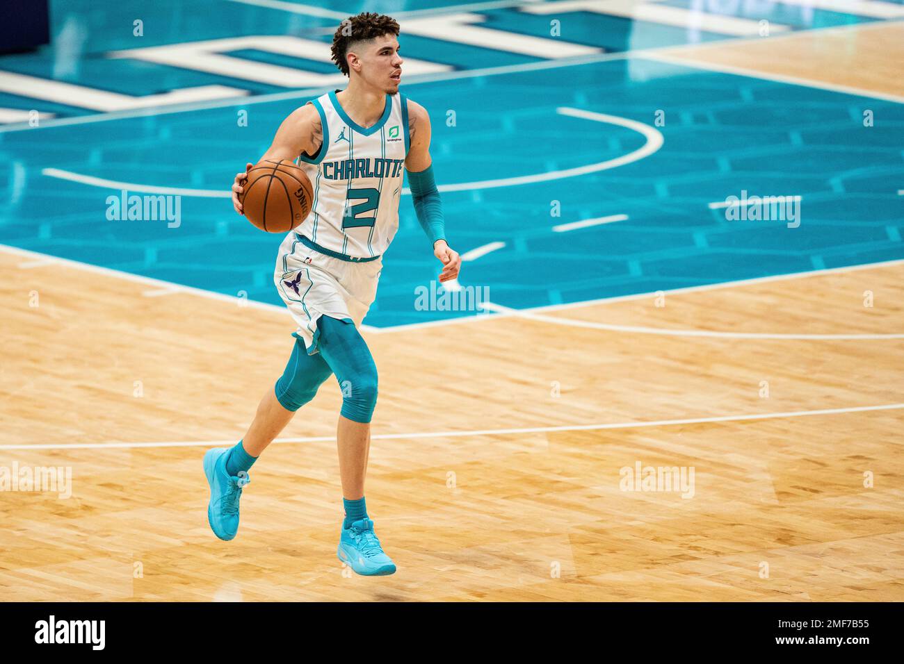 Charlotte Hornets guard LaMelo Ball (2) brings the ball up court ...