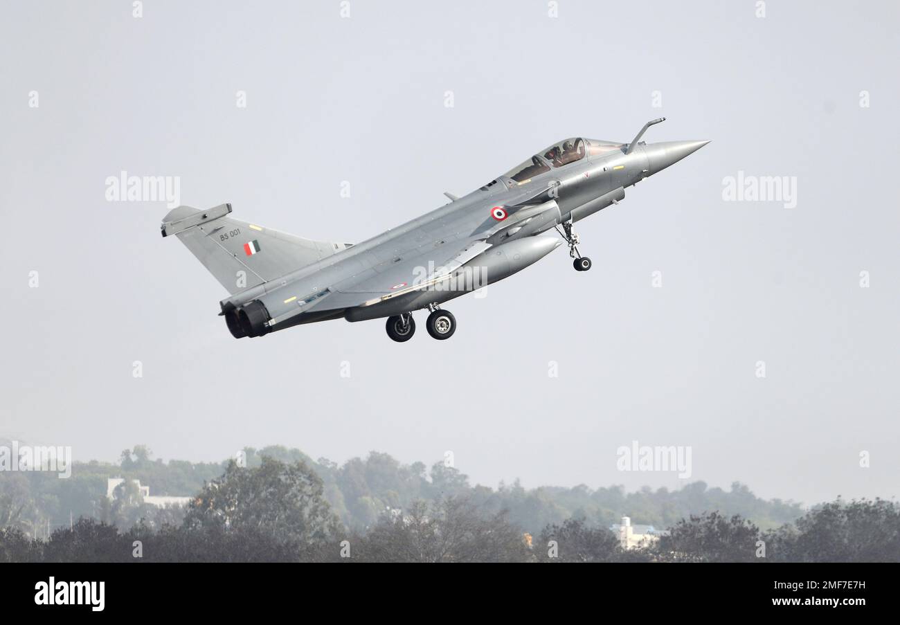 A French-made Rafale fighter jet takes off on the inaugural day of the ...