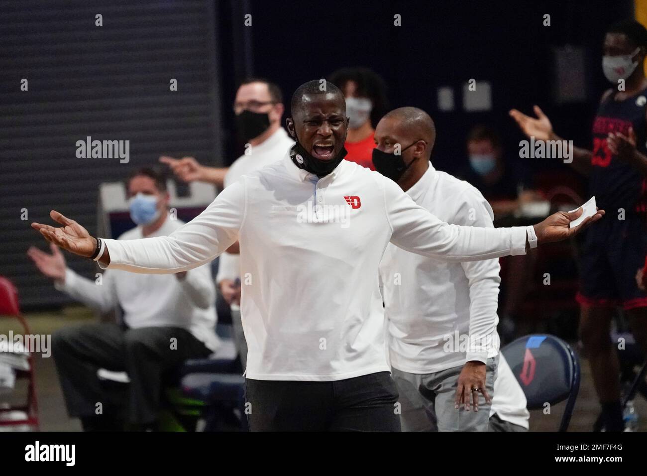 Dayton head coach Anthony Grant questions a call during the second half ...