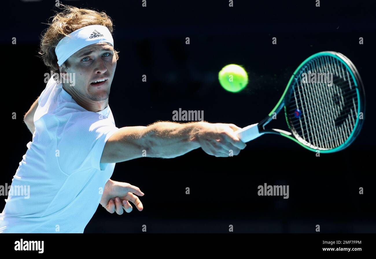 Germany's Alexander Zverev makes a backhand return to Canada's Denis ...