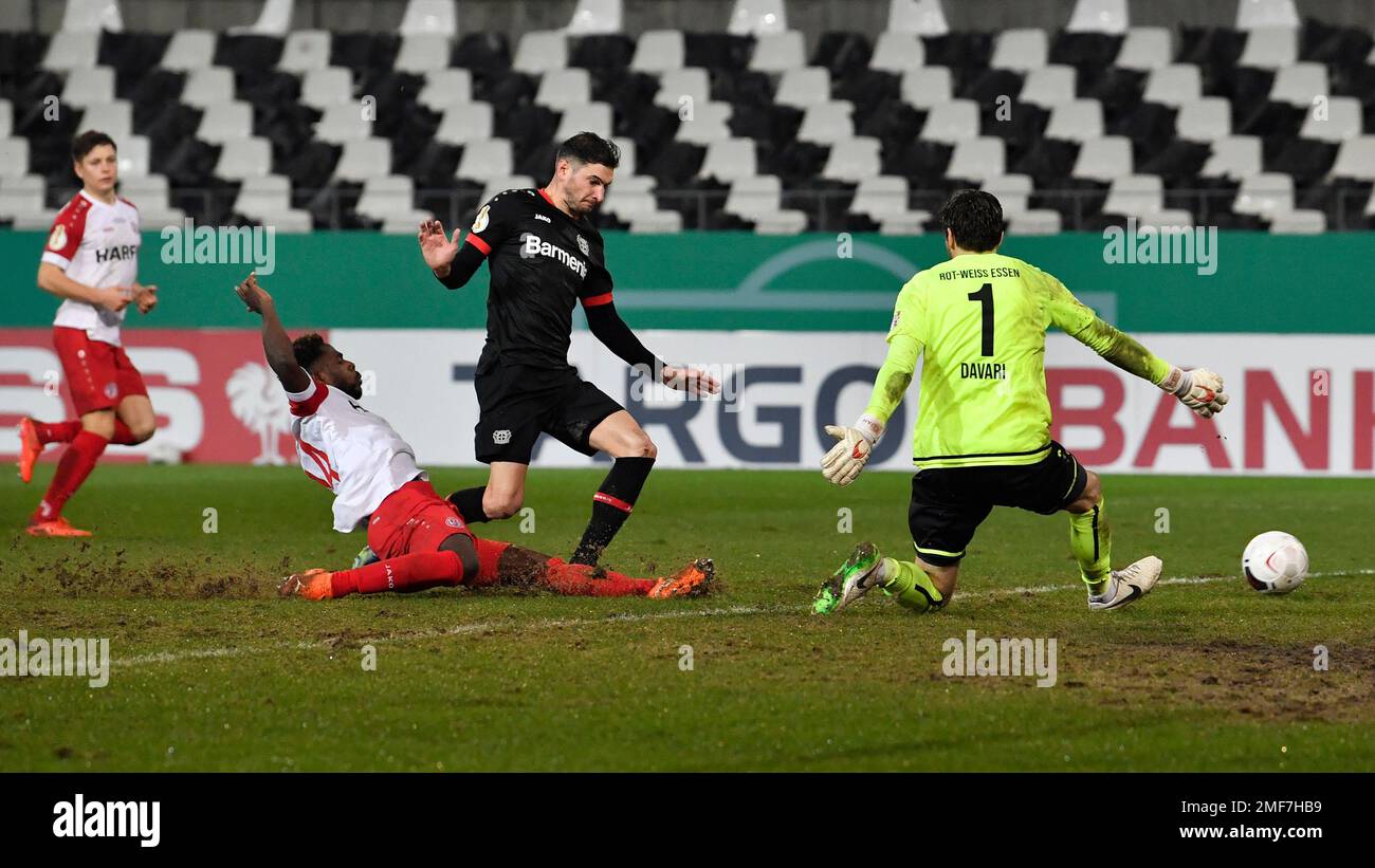 Essen's goalkeeper Daniel Davari saves a shot by Leverkusen's Lucas ...