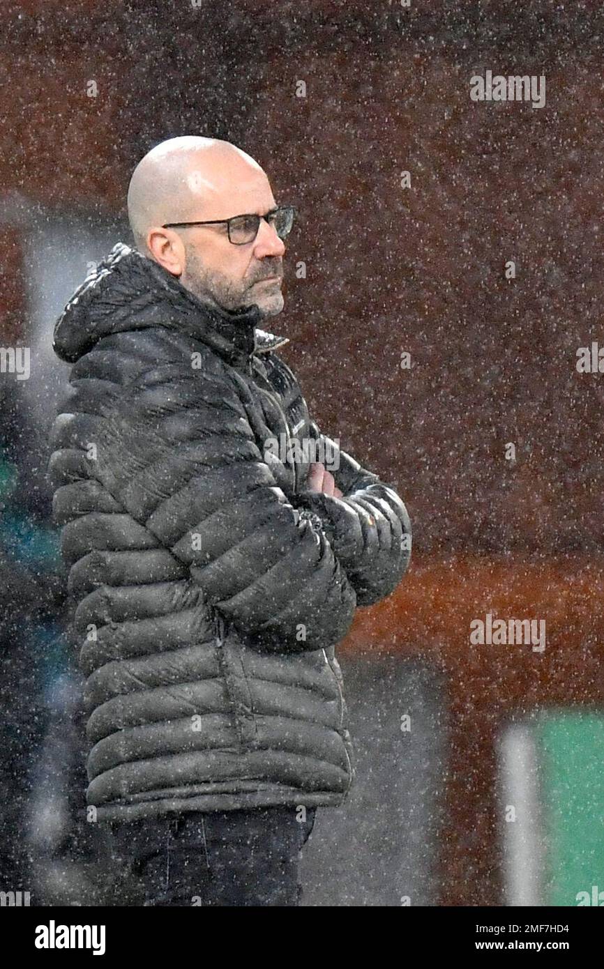 Leverkusen's head coach Peter Bosz watches the game during the German ...