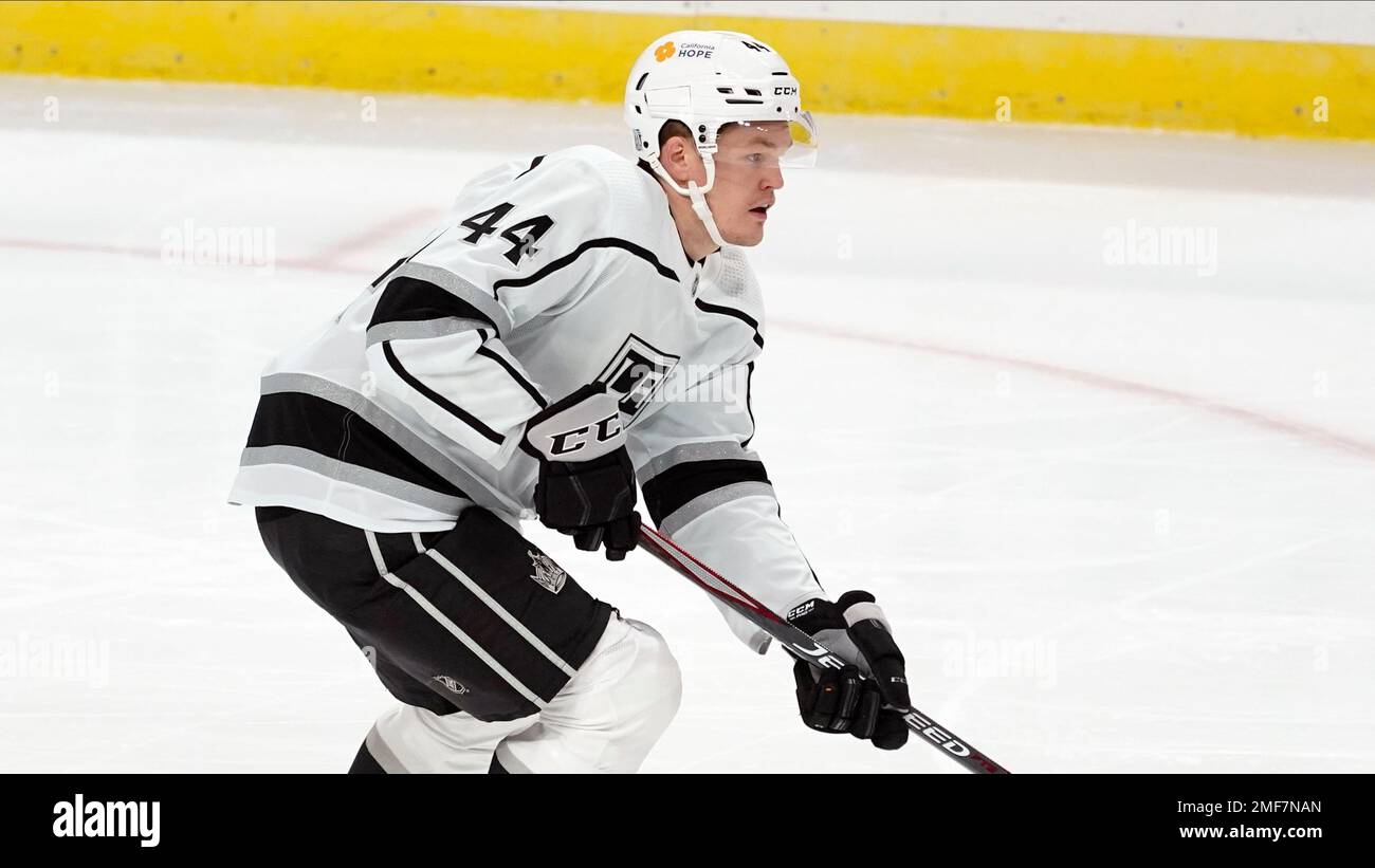 Los Angeles Kings' Mikey Anderson (44) skates in an NHL hockey game ...